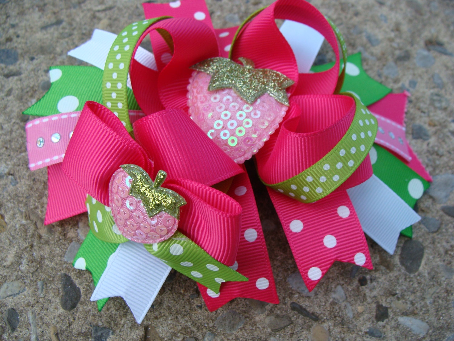 Large Strawberry Hair Bow Boutique Hair Bow Hot Pink and Green