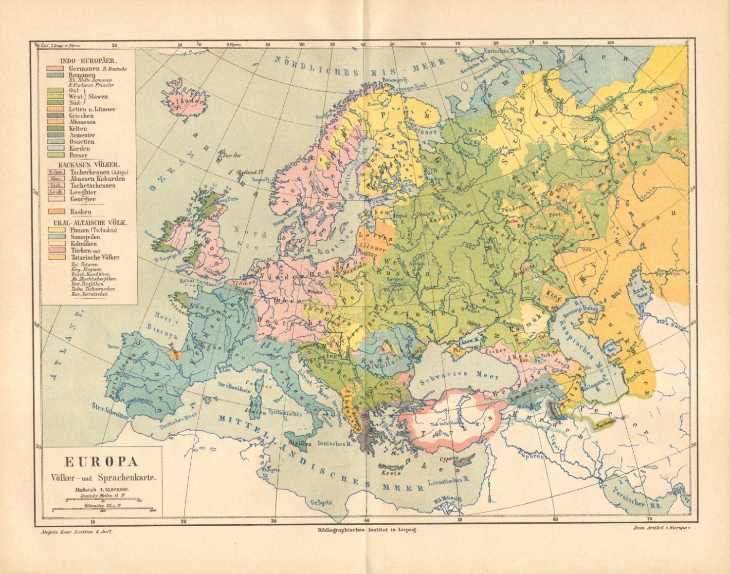 1890 Original Antique Racial and Linguistic Map of Europe