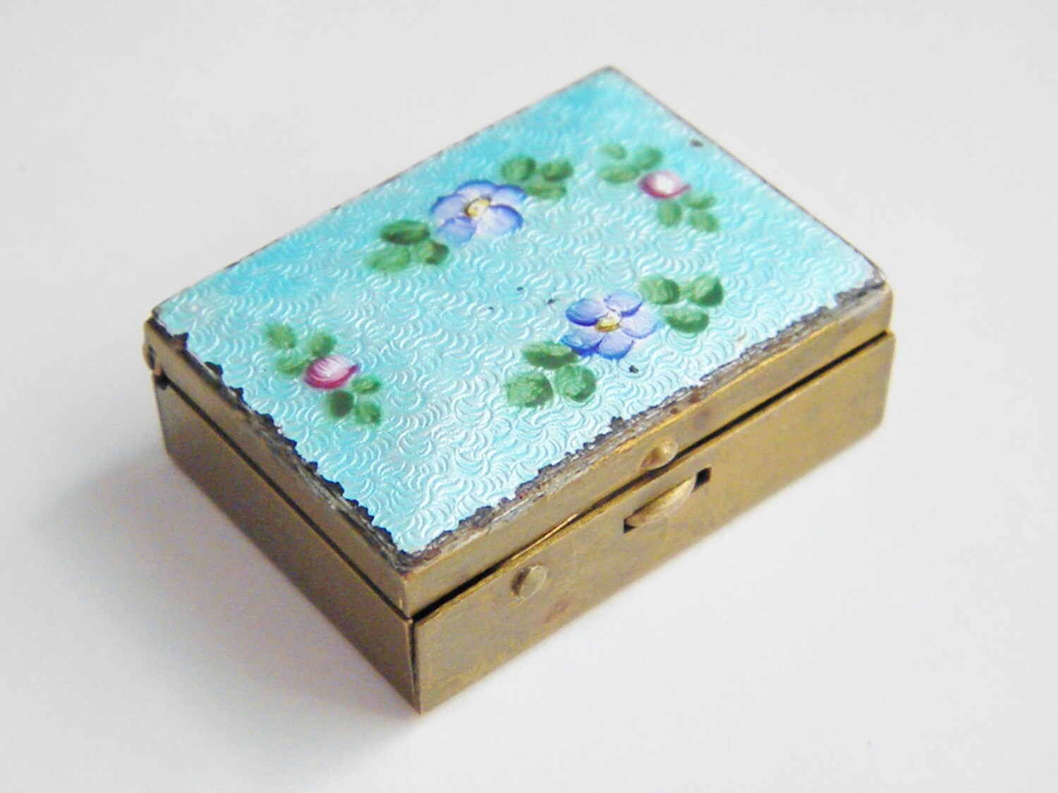 Vintage Blue Enamel Guilloche Brass Pill Box 40s