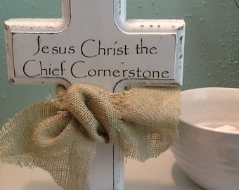 Distressed Monogram Wooden Cross - Jesus Christ the Chief Cornerstone