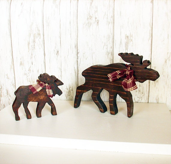 Two Rustic Wood Moose Set of Two Brown Wooden Lodge Moose