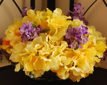 Yellow Hydrangea and Purple Lilac Silk Floral Arrangement