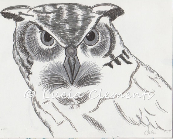 Wise Old Owl Ink Sketch by LuciazUniqueBoutique on Etsy