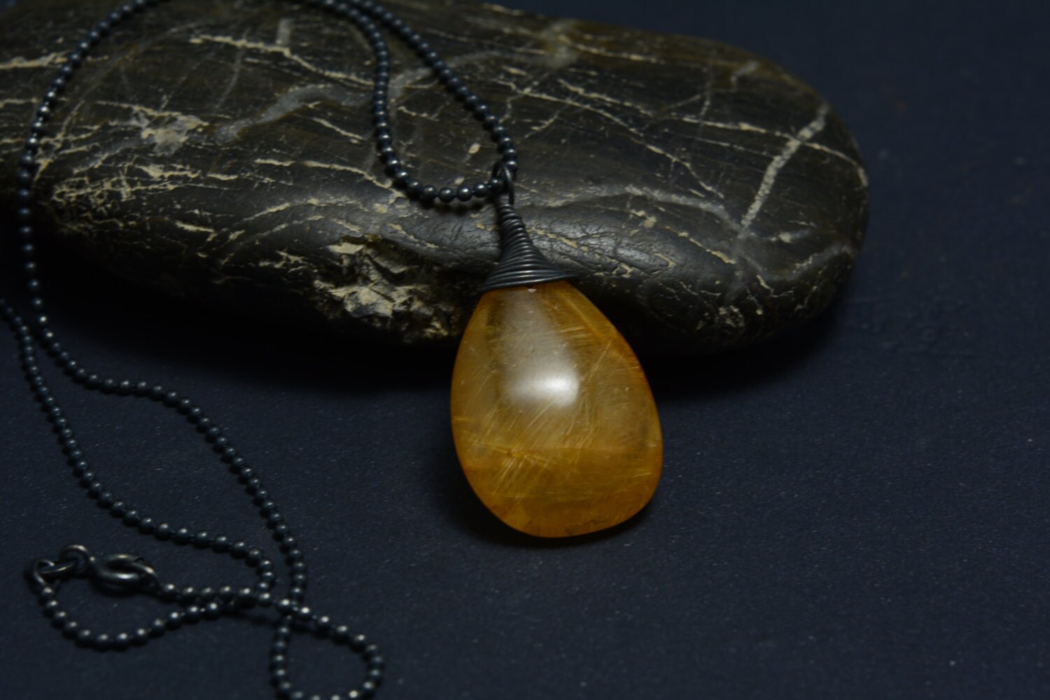 Rutilated quartz pendant,oxidized sterling silver | easasa