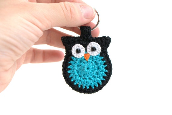 Crochet owl keychain black and turquoise owl key ring