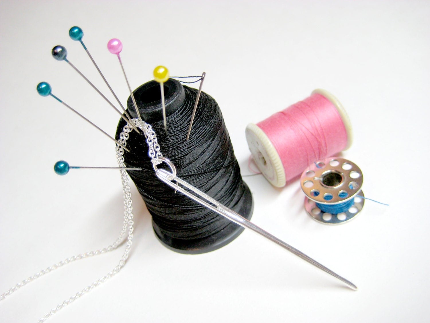 Sterling Silver NEEDLE Pendant on Long Chain. Big Wool Needle