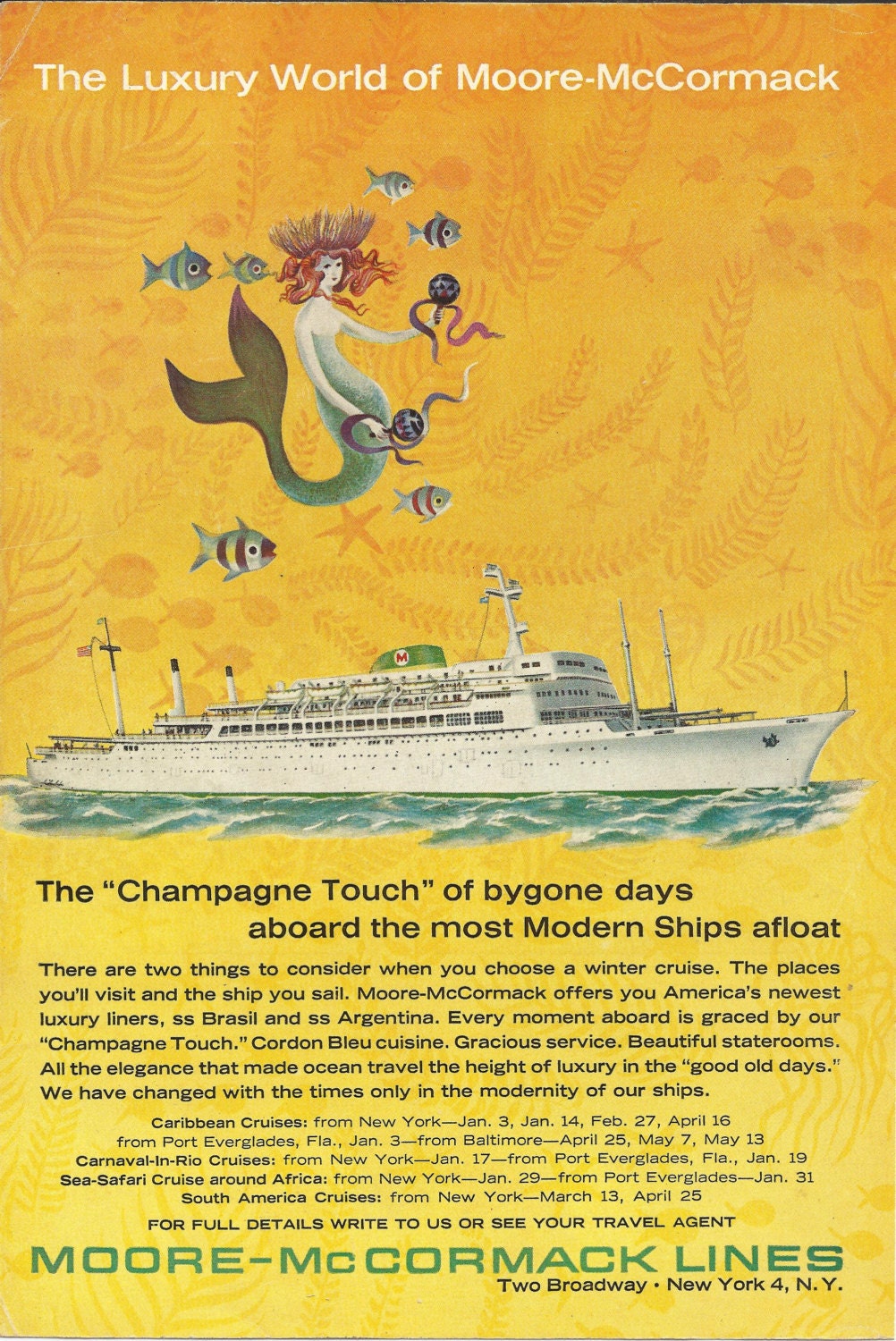 MOORE McCORMACK LINES Original 1964 Vintage Color Print Ad