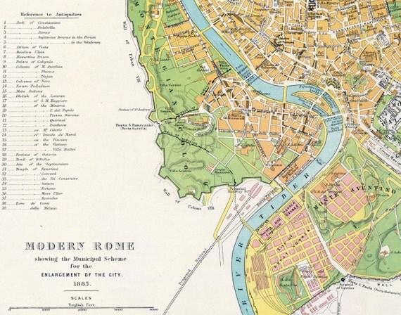 1886 Vintage Map of Rome in 1885 Map of Modern by bananastrudel