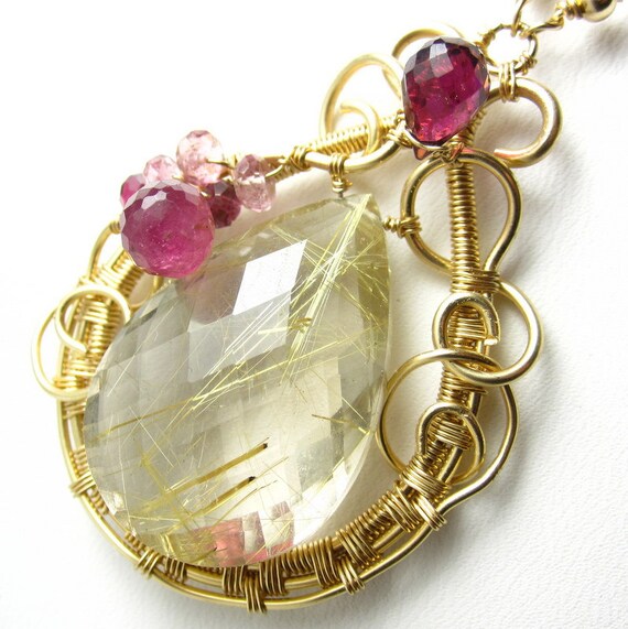 Golden Rutilated Quartz and Pink tourmaline Wrapped Necklace