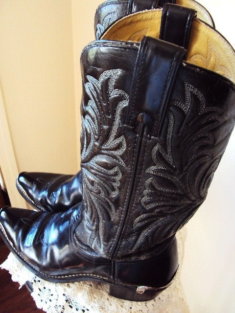 Vintage Texas Cowboy Boots Black Tooled Leather Silver