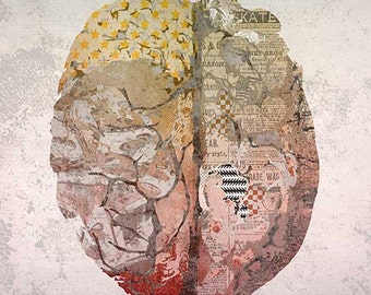 Art Print Flowery Brain collage Printed on Vintage Dictionary