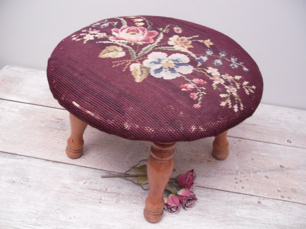 petite needlepoint stool / floral tapestry stool / cottage chic – Haute ...