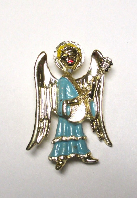 Vintage Beatrix Signed Angel Brooch Pin Blue Enamel Angel