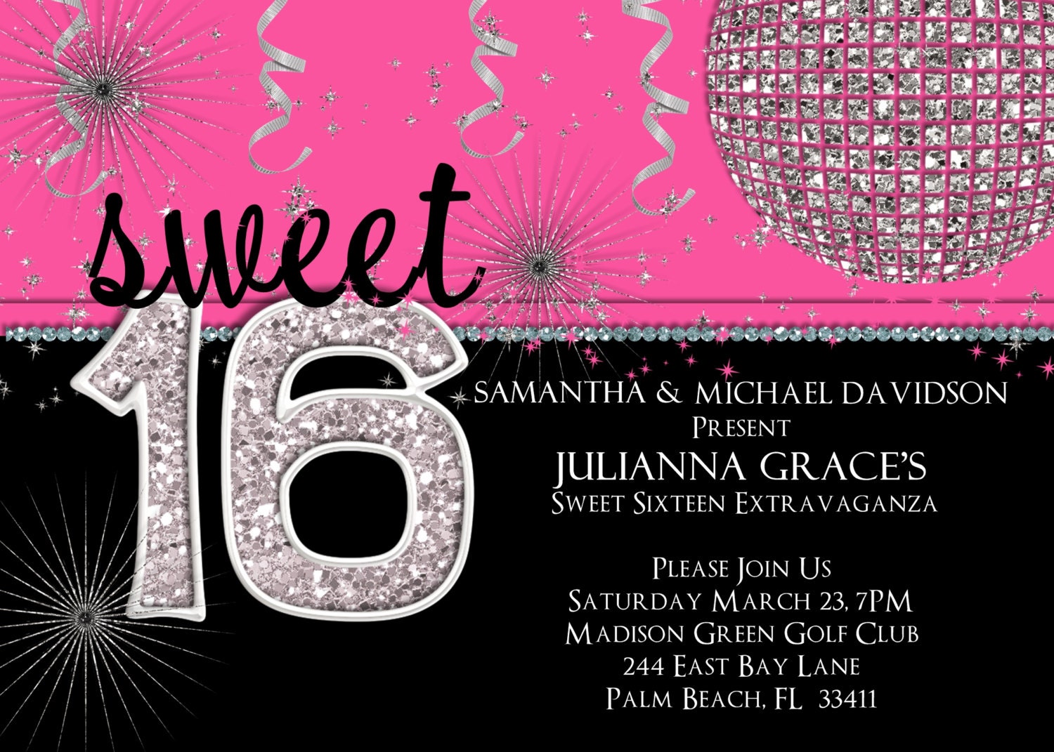 Sweet 16 Birthday Invitation Hot Pink Custom And Printable