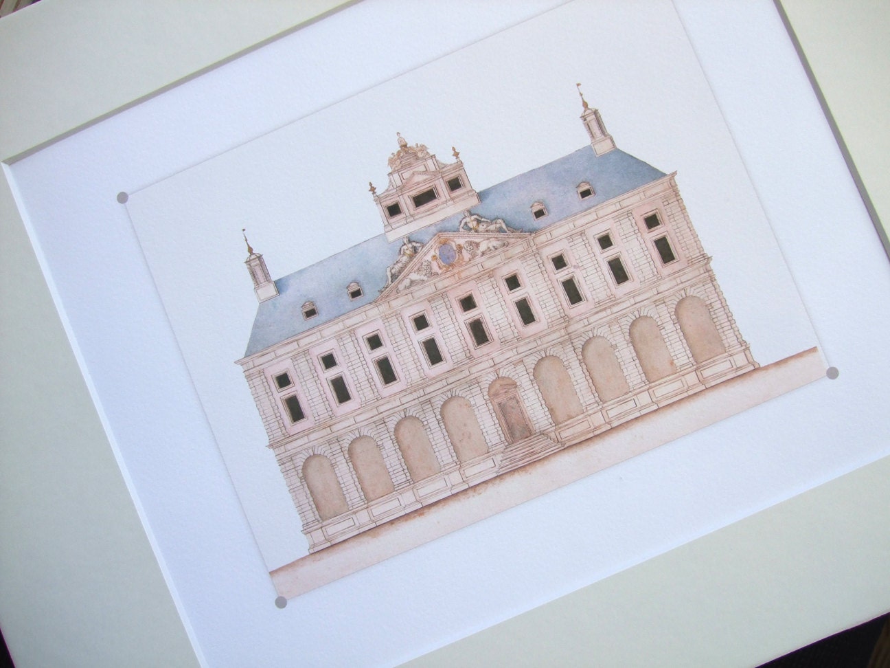 Antique Architectural Illustration of Blue Roofed by paperwords11