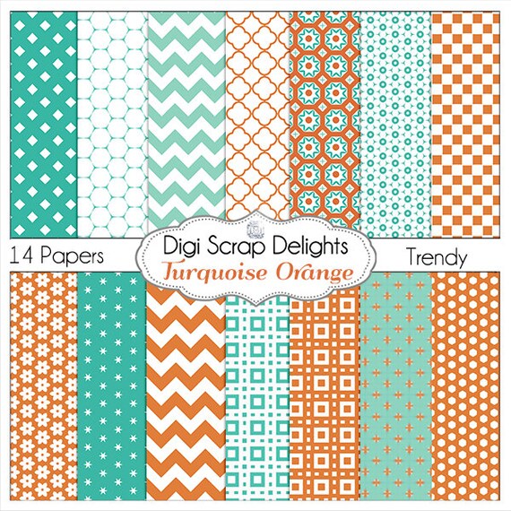 Items similar to Turquoise Orange Scrapbook Paper 2- Chevron ...