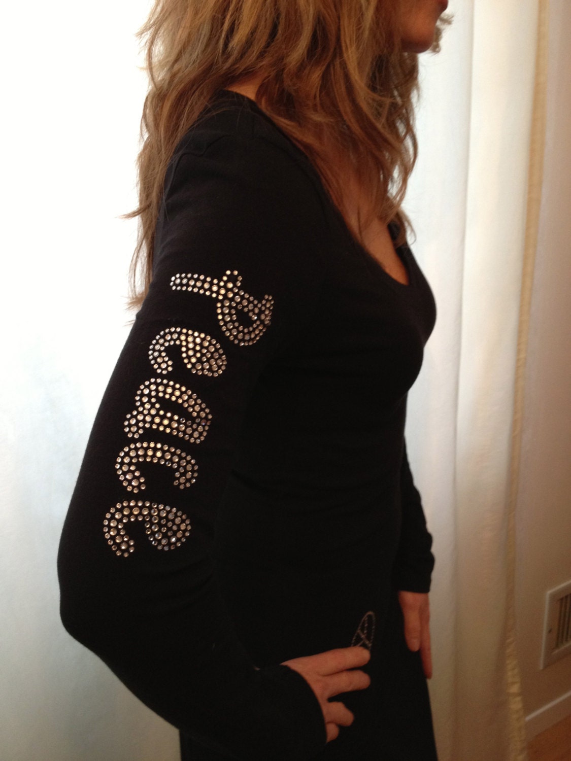 Rhinestone T Shirt Peace Shirt Sleeve Design Sparkle Top