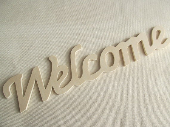 Items similar to Welcome Word in Wood Script Lettering Unfinished Wood ...