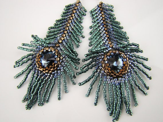 Peacock Feather Earrings Teal Seed Bead Earrings Denim