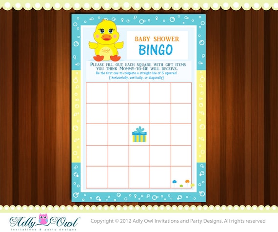 Rubber Duck Bingo Game Printable Card for by adlyowlinvitations
