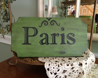 Green Paris Sign, Handpainted Green Wood Paris Sign, Paris Sign in Green