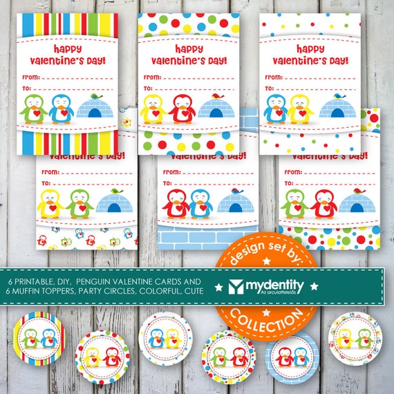 Items similar to 6 printable, diy, penguin valentine"s day cards and 6 ...