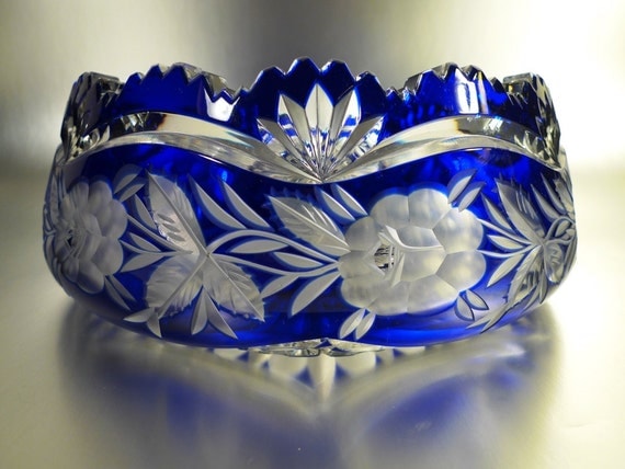Blue Crystal Cut Glass Bowl Etched Flowers And Designs