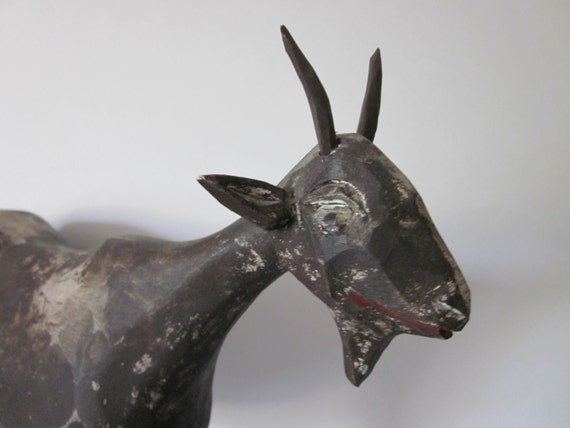 1985 American Folk Art Hand Carved Wooden Goat Signed L.