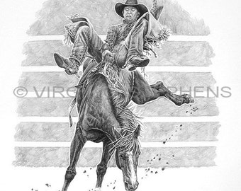 Steer Wrestling drawing of a rodeo cowboy getting ready to