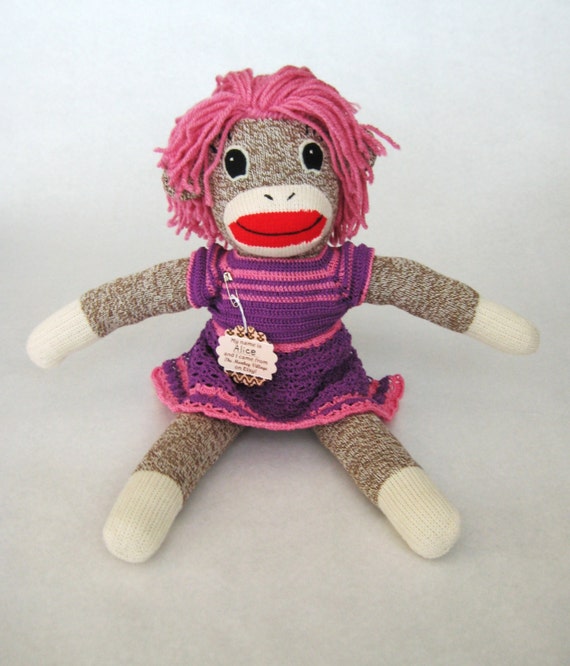 Items similar to Sock monkey girl toy with pink yarn hair girly rag ...