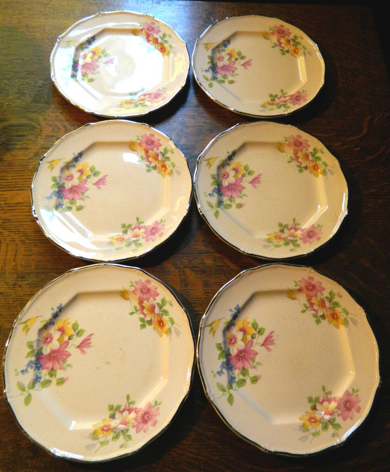 Set of 6 Small Sized Pink Floral China Plates with Platinum Trim Made ...