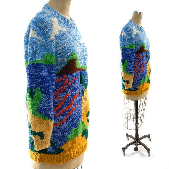 SALE Hand Knit Landscape Sweater in Chunky Wool vintage
