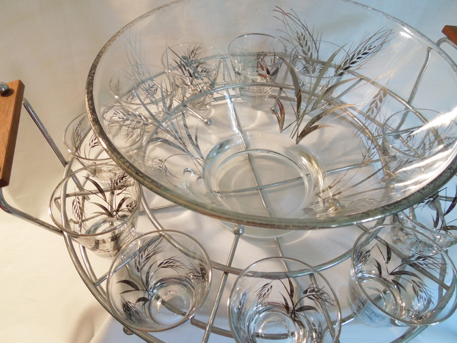 VIntage Silver Wheat Grass Pattern Glass Punch Bowl with 11 Glasses ...