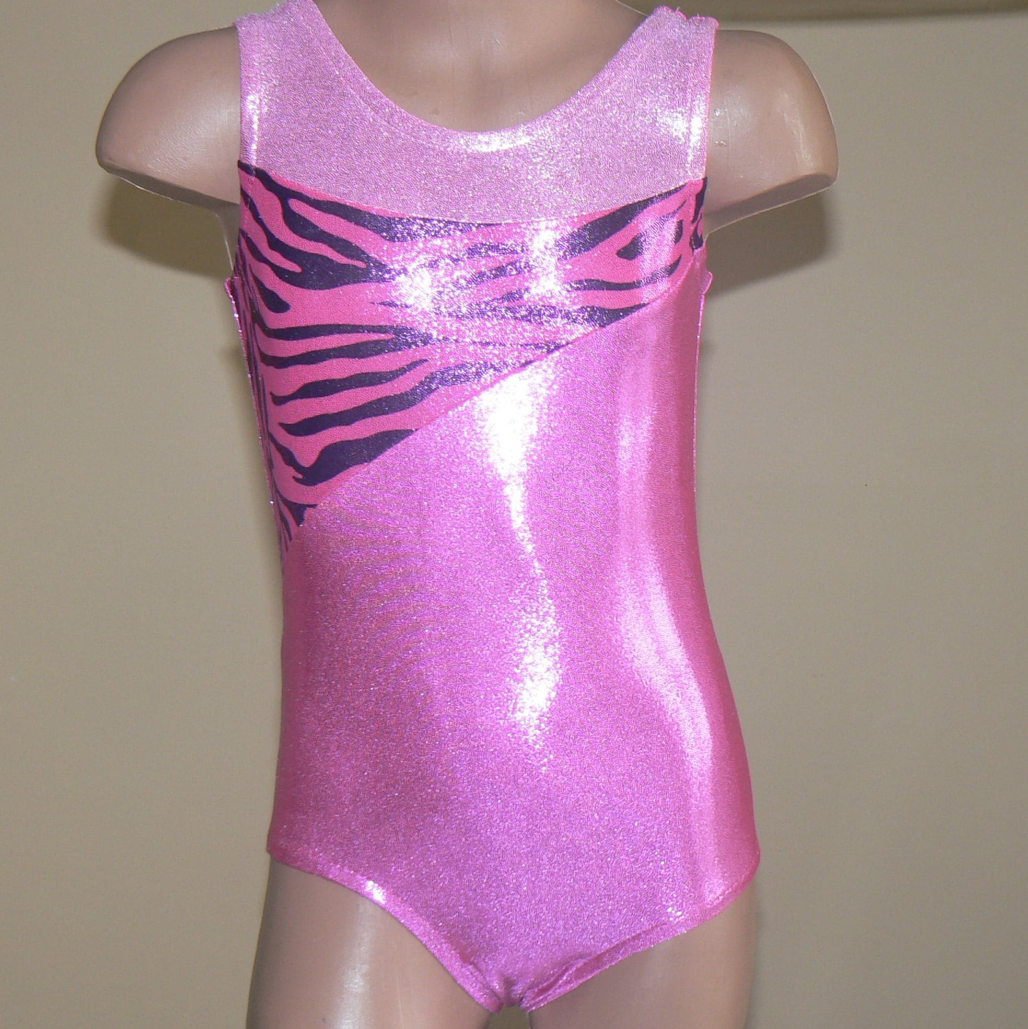 Pink Gymnastics Dance Leotard with Zebra Print Insert.