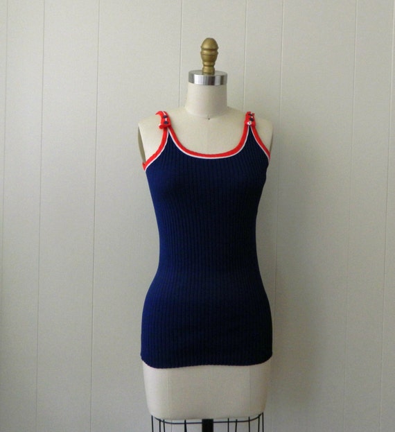 70s Tank Top . Vintage 1970s Womens Body Con Tank .. Size
