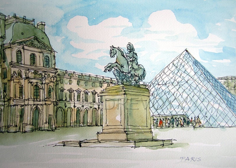 Paris Louvre art print from an original watercolour painting