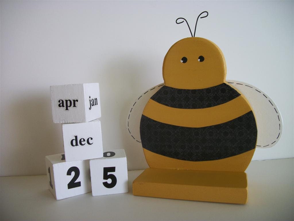 Yellow Bee Calendar Perpetual Wood Block Bumble Bee Decor