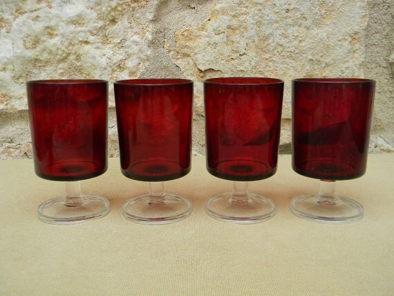 Vintage Mid Century Ruby Red Small Wine Glasses France Set of