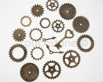 Steampunk Antique Brass Clockwork Gears & Wheels Charm Bead Set