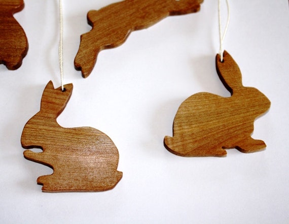 Bunny Rabbit Ornaments Hand Carved From Solid Hardwood Set