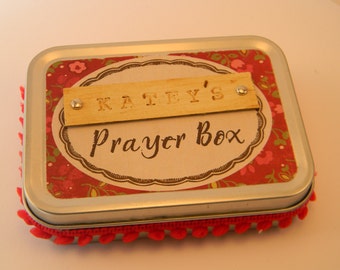Personalized Prayer Box - floral with red mini pom-pom trim