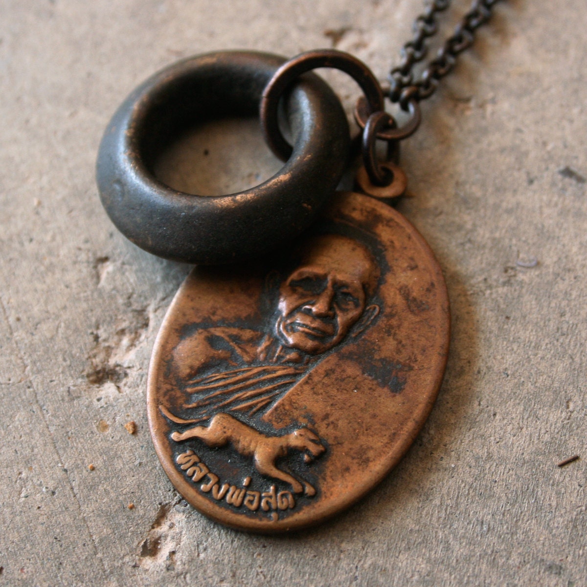 Vintage Bronze Monk and Tiger Necklace by losttribedesigns on Etsy