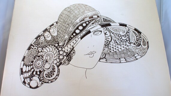 Items similar to Zentangle Art in Ink on Canvas: Lady in Hat on Etsy