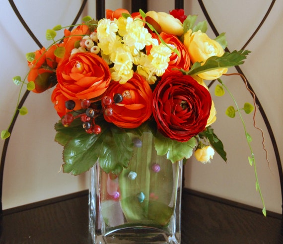Orange and Yellow Ranunculus Modern Silk Floral Arrangement