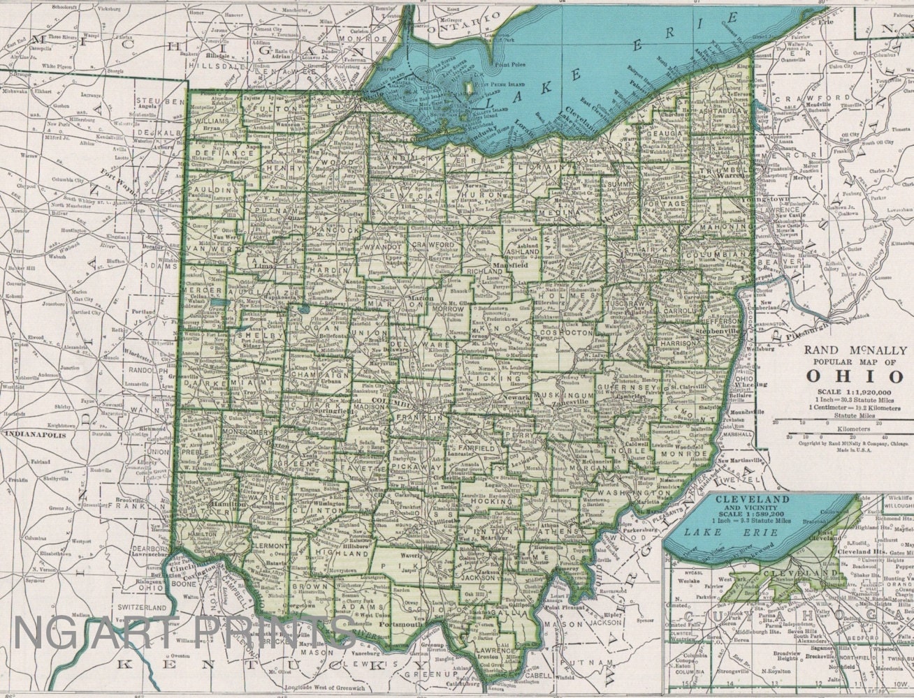 Map of Ohio Antique Ohio Map 1950 Atlas Map Map of by NGArtPrints