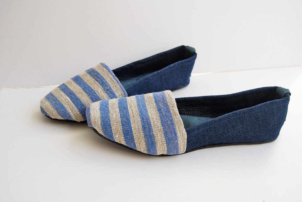 Handmade nautical ballet flat shoes upcycled jean leather and linen ...