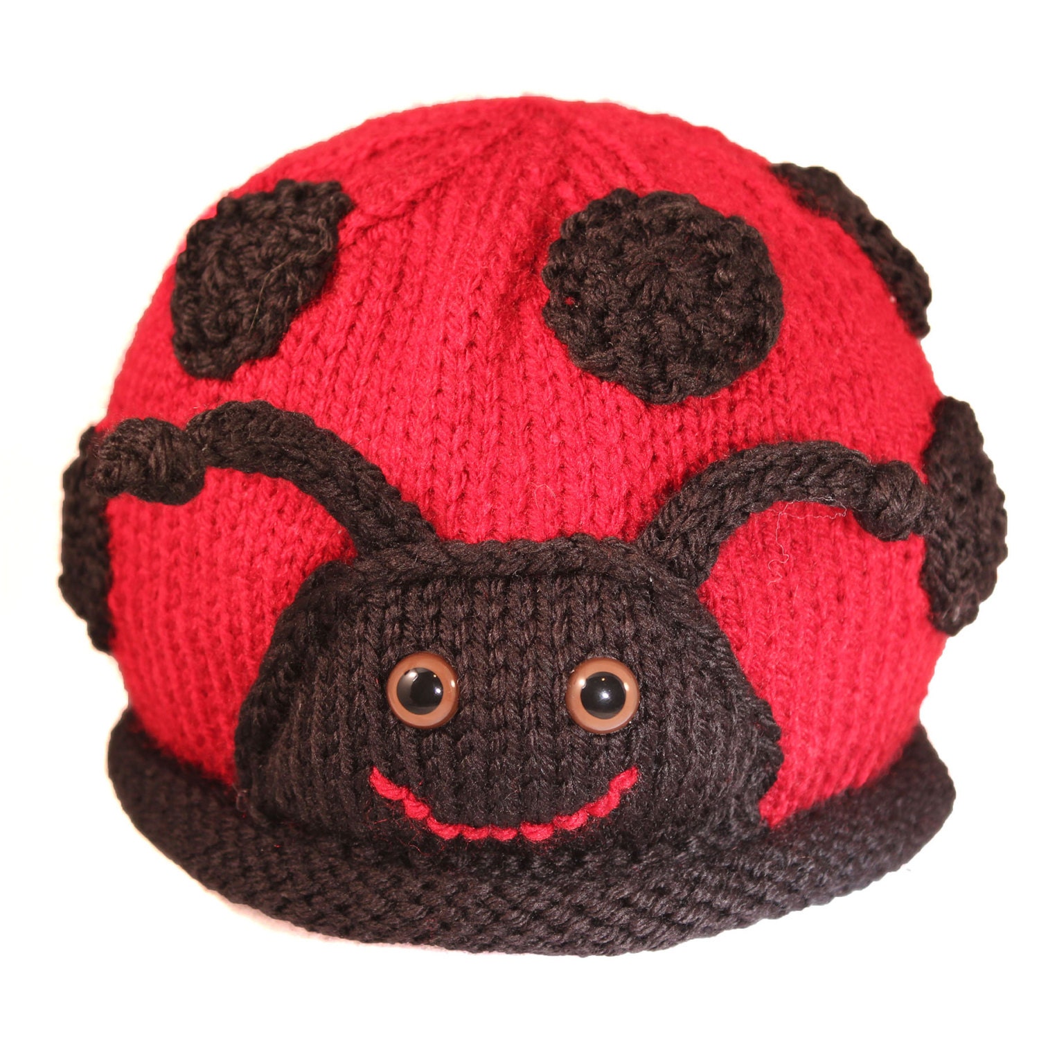 Knitted Ladybug Hat pattern newborn to 8 yr old sizes