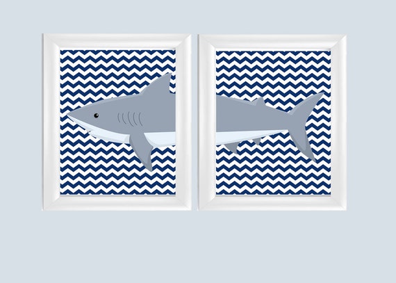 Items similar to Chevron Shark Nautical Nursery Blue Gray Wall Art, Set ...