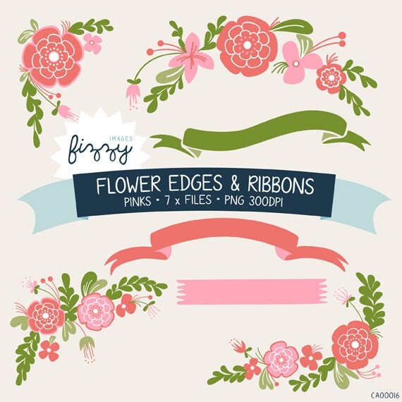 PNG: 7 x Flower decorations & Ribbon Clipart in Pink colours