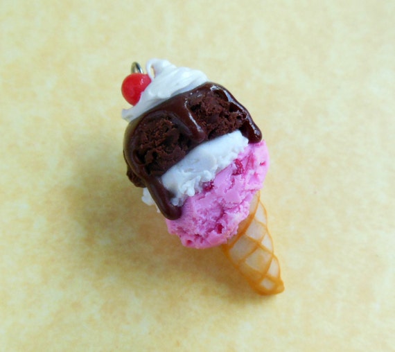 Polymer Clay Triple Scoop Neapolitan Ice Cream Cone Sundae